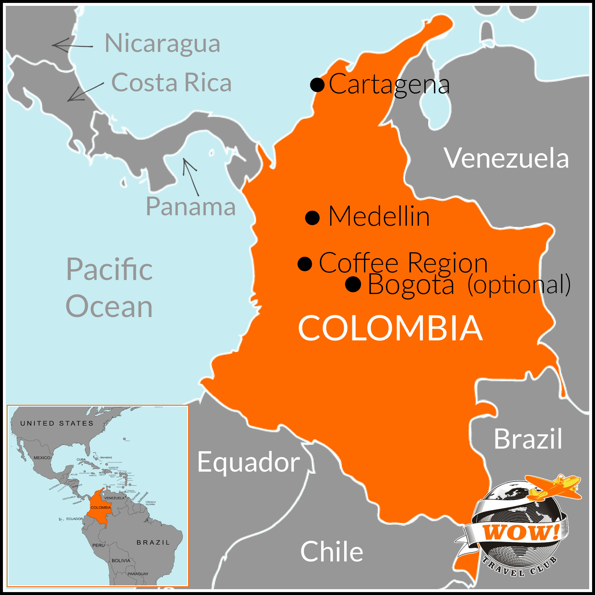 Colombia – Main Map with Frame & Bogota | WOW! Travel Club
